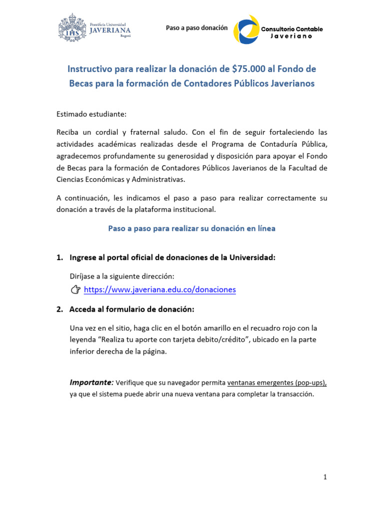 Guía para donar al Fondo de Becas Javerianos | PDF