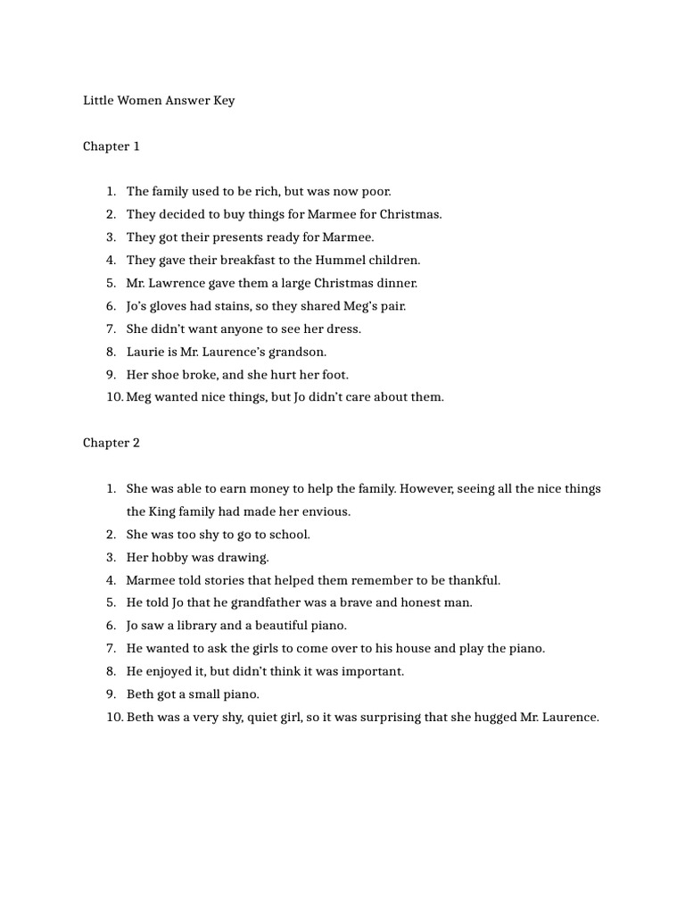 Little Women Chapter Answer Key | PDF | Little Women