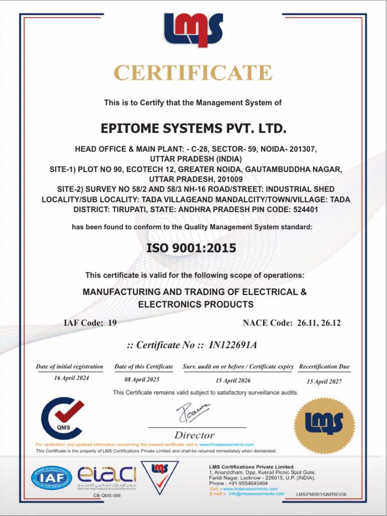 Iso 9001-2015 Epitome Systems Pvt. Ltd | PDF