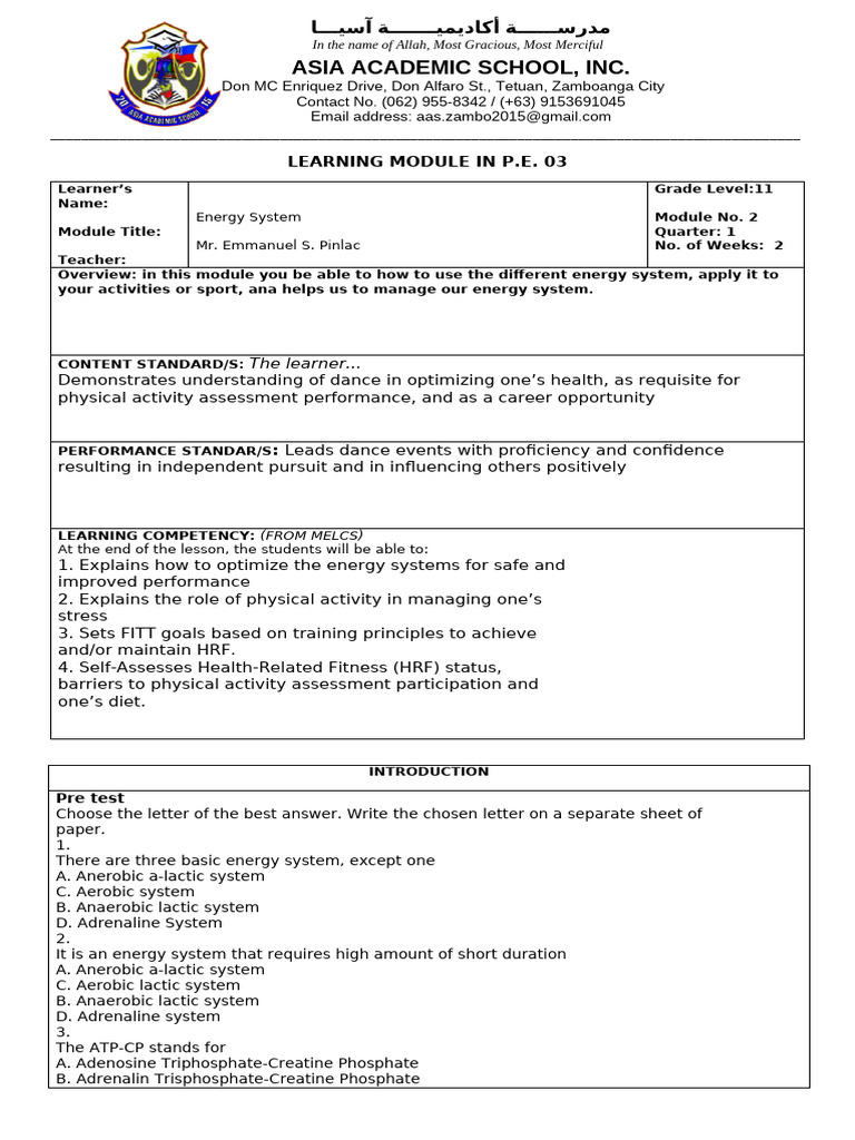 Energy Systems in Physical Education | PDF | Cellular Respiration ...