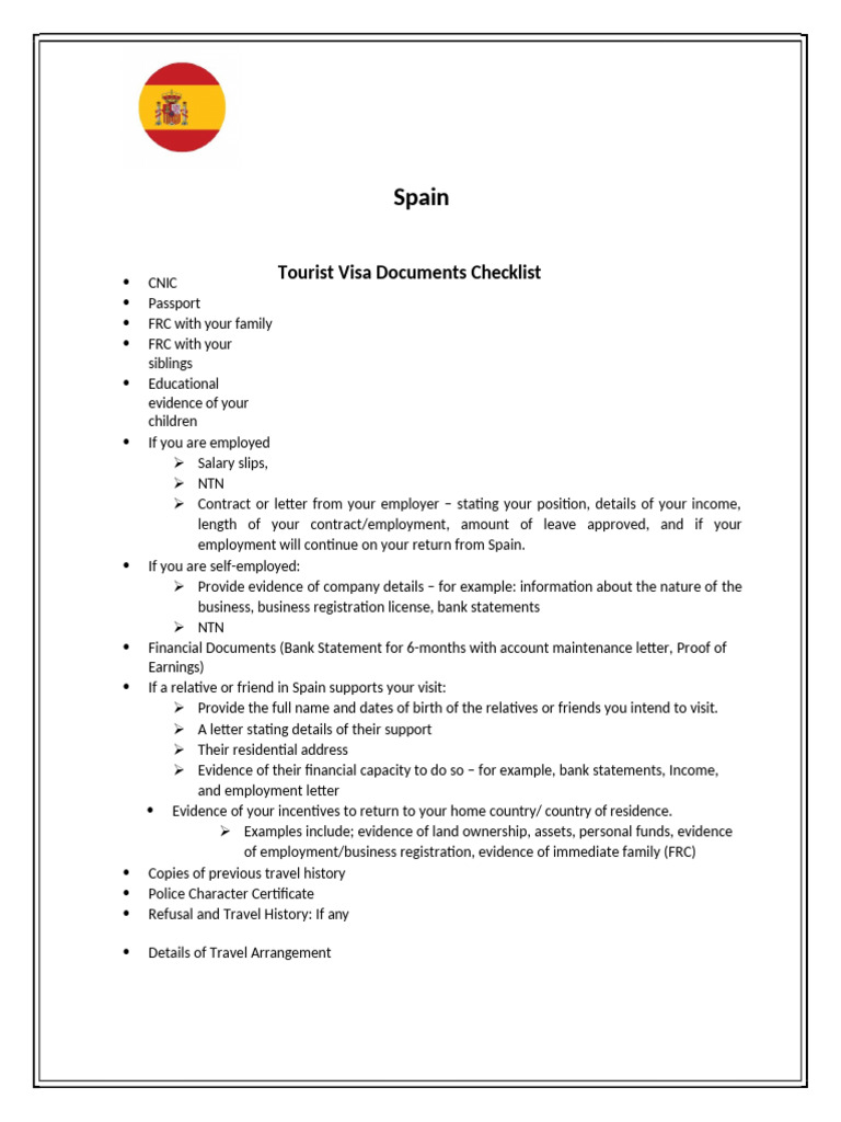 Spain Tourist Visa Checklist | PDF