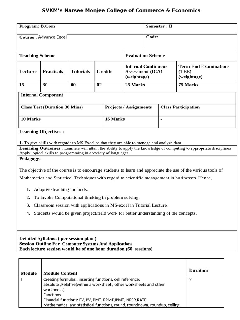 Advance Excel Course Syllabus B.Com II | PDF | Microsoft Excel ...