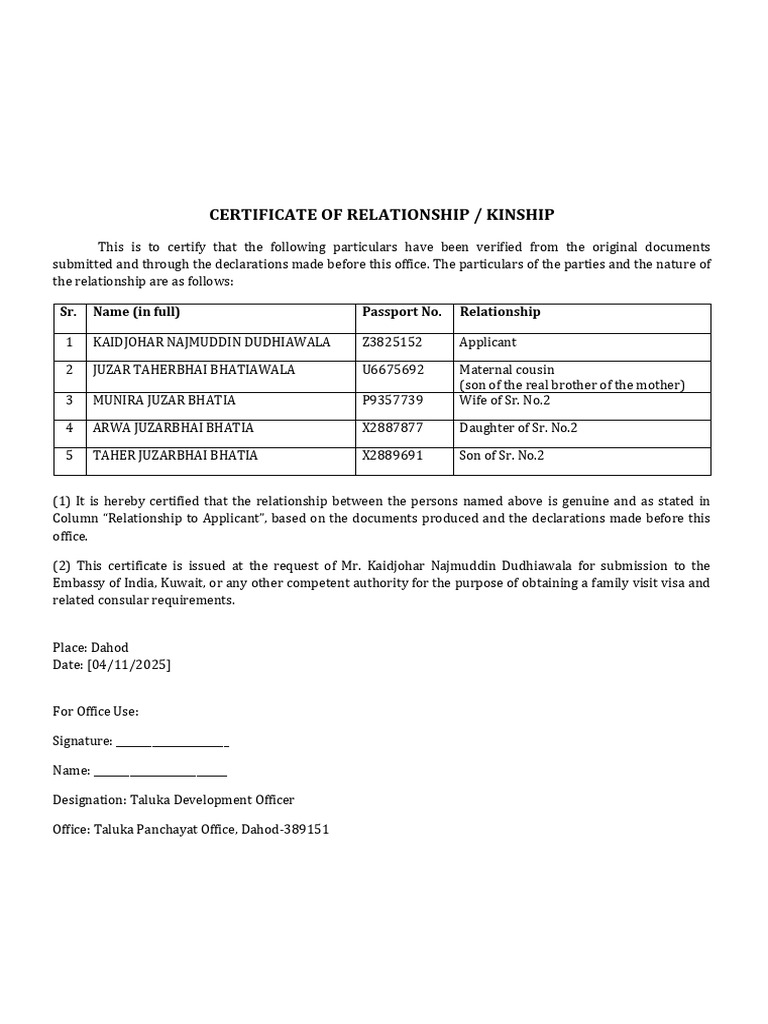 Family Relationship Certificate for Visa | PDF