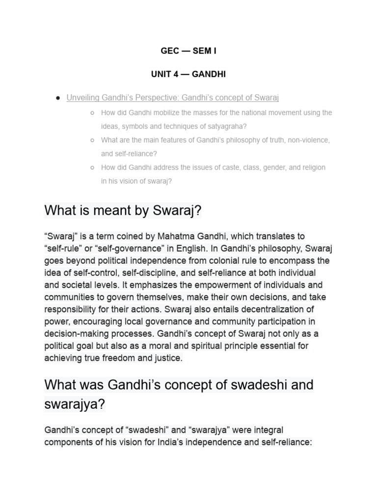 GEC - UNIT 4 — IDEAS IN INDIAN THOUGHT | PDF | Mahatma Gandhi | Nonviolence