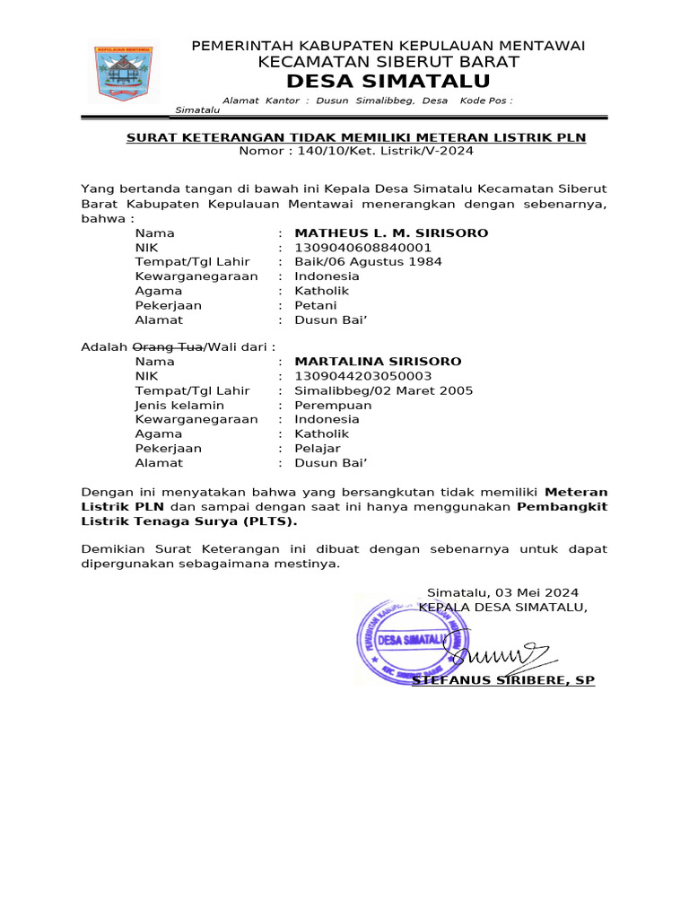 Surat Keterangan Tidak Memiliki Listrik PLN Martalina Sirisoro | PDF