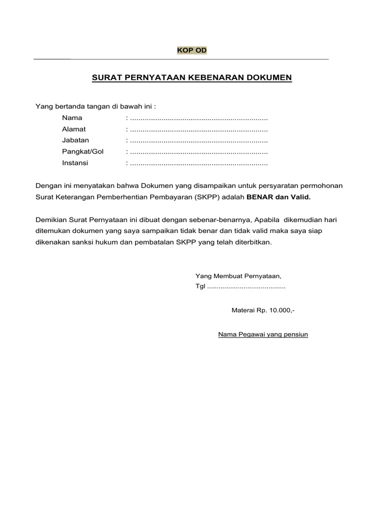 Surat Pernyataan Kebenaran Dokumen SKPP | PDF