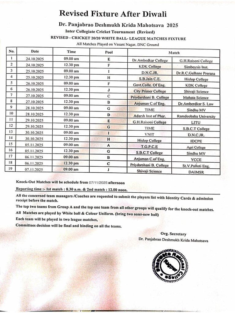Revised Cricket Fixture | PDF