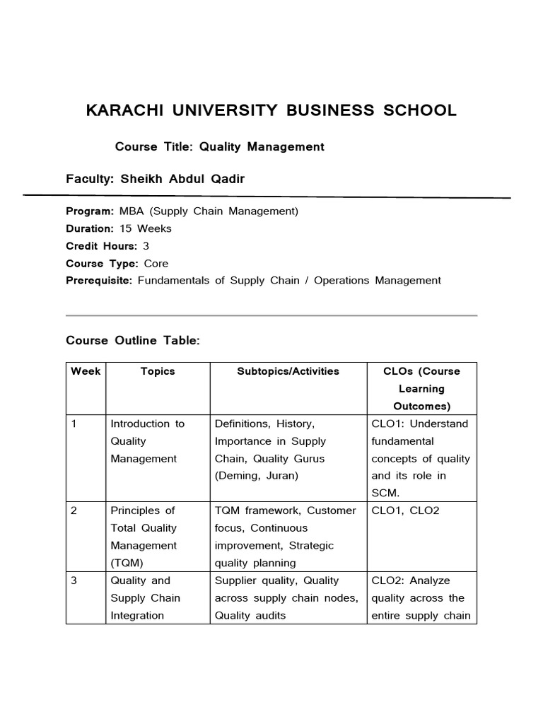 Quality Management Course Outline Fall25 | PDF | Six Sigma | Quality Management