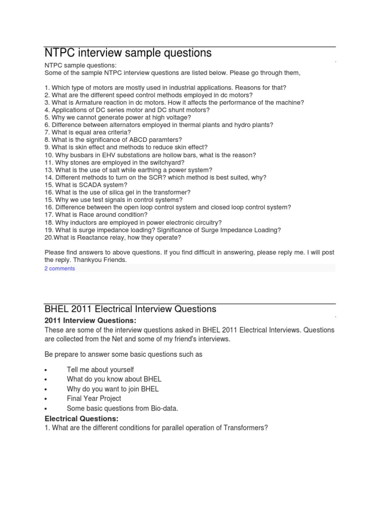 NTPC Interview Sample Questions | PDF | Electrical Substation ...