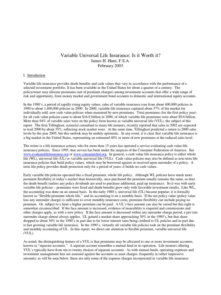 Variable Universal Life Insurance: Is It Worth It?: James H. Hunt, F.S ...