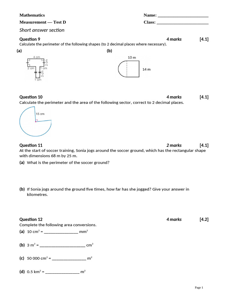Mathematics Measurement Test D | PDF | Volume | Area