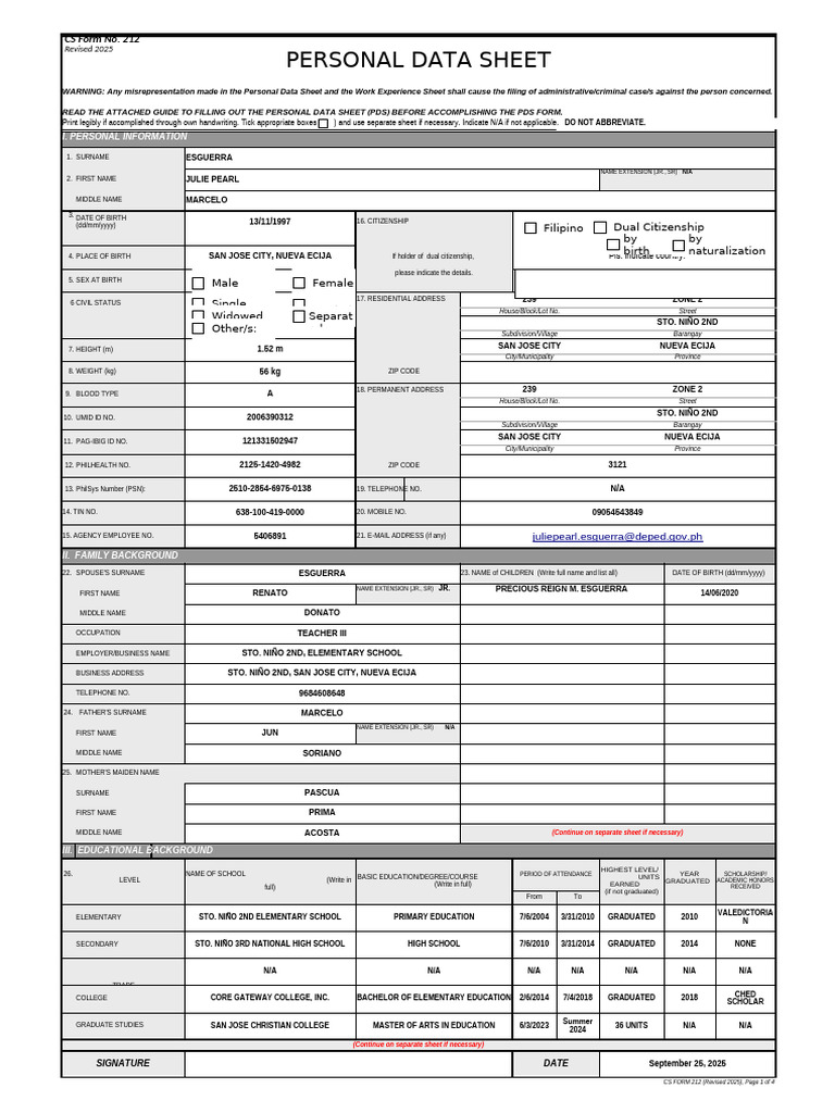 JulieANNEX H 1 CS Form No. 212 Revised 2025 Personal Data Sheet | PDF ...
