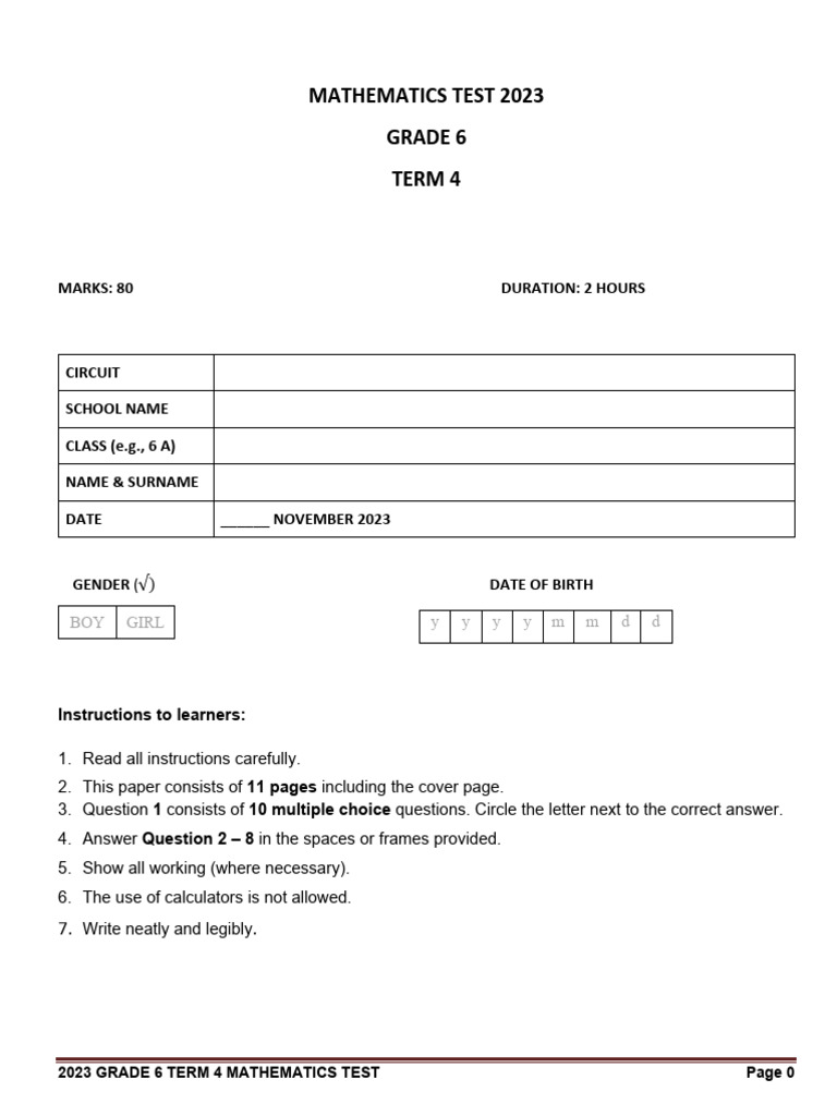 Grade 6 Term 4 Math Test 2023 | PDF | Numbers | Arithmetic