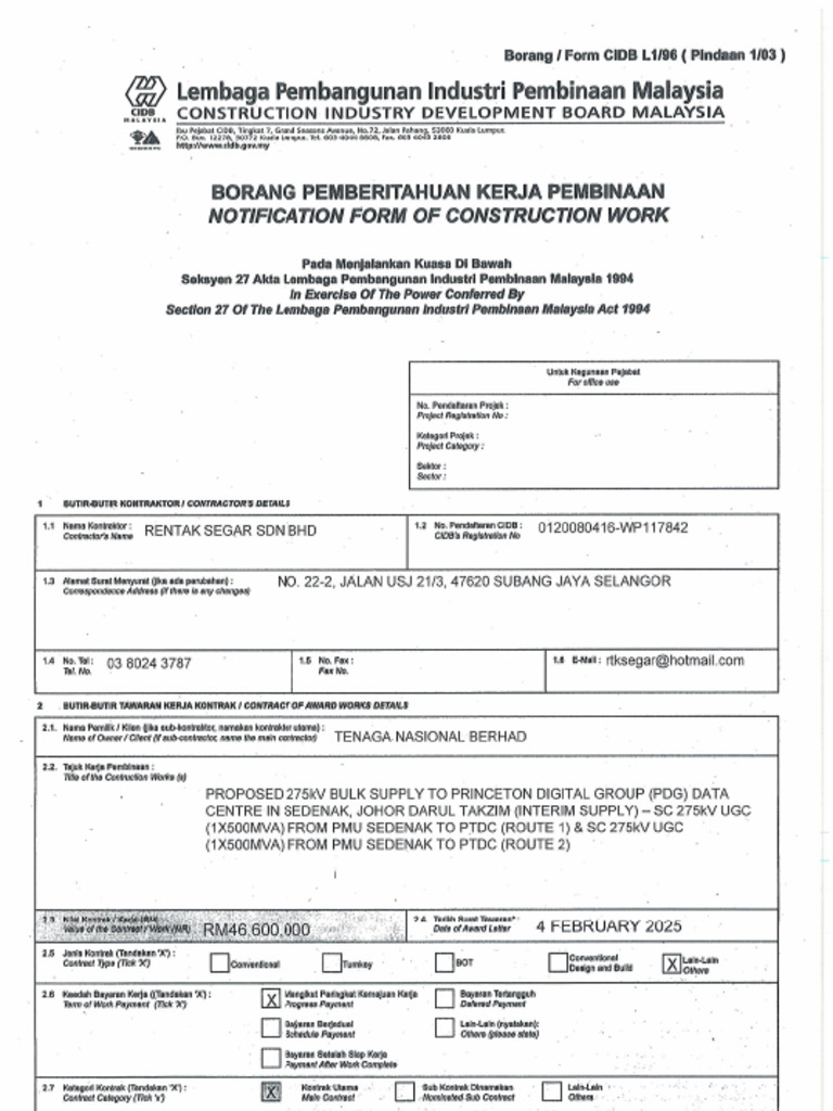 Borang Pemberitahuan Kerja Pembinaan Cidb l1 (Sedenak) | PDF