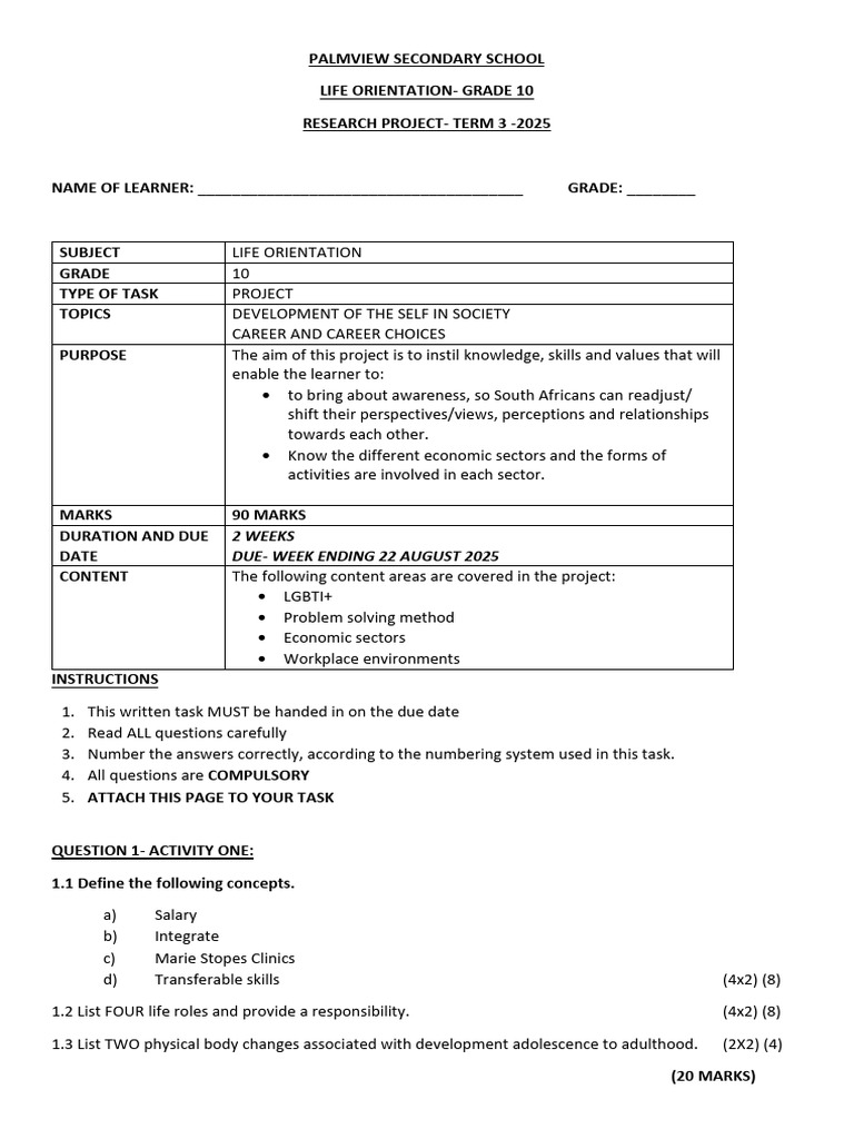 Grade 10 Life Orientation Project Guide | PDF | Adolescence ...