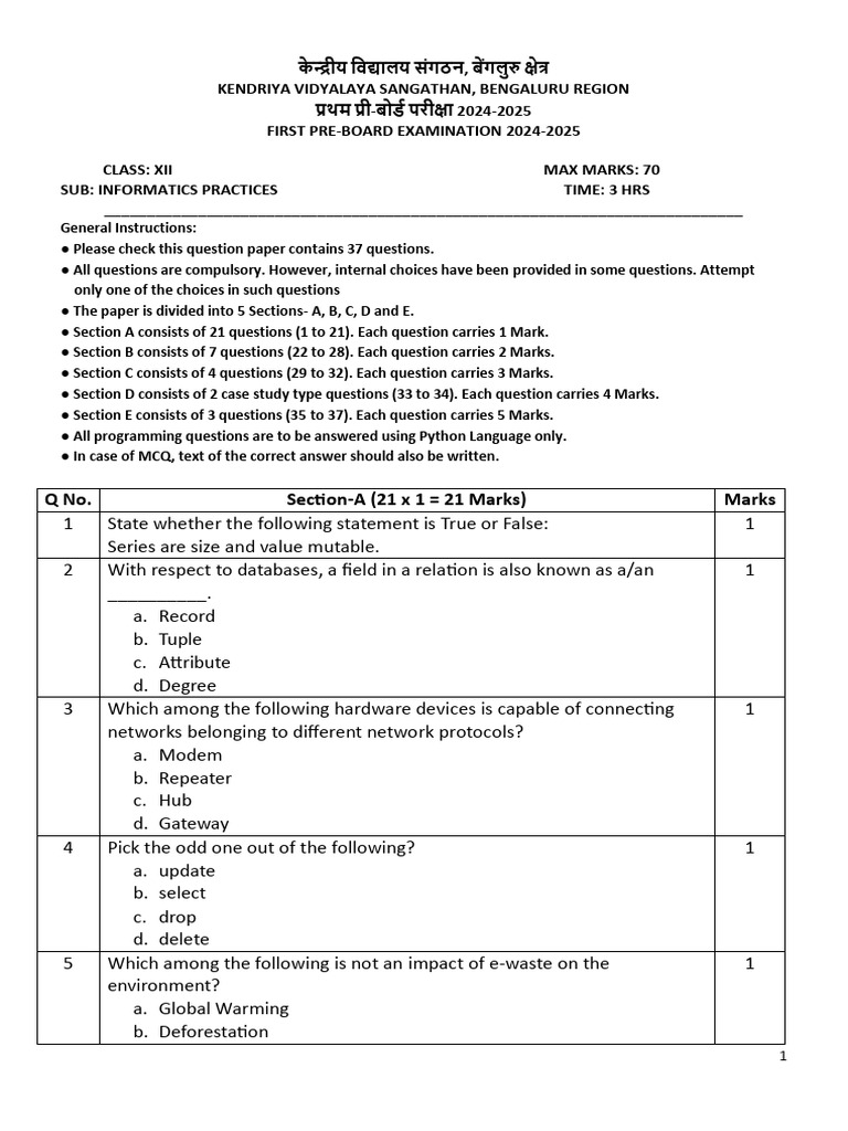 Class XII Informatics Pre-Board 2024-25 | PDF | Sql | Computer Network