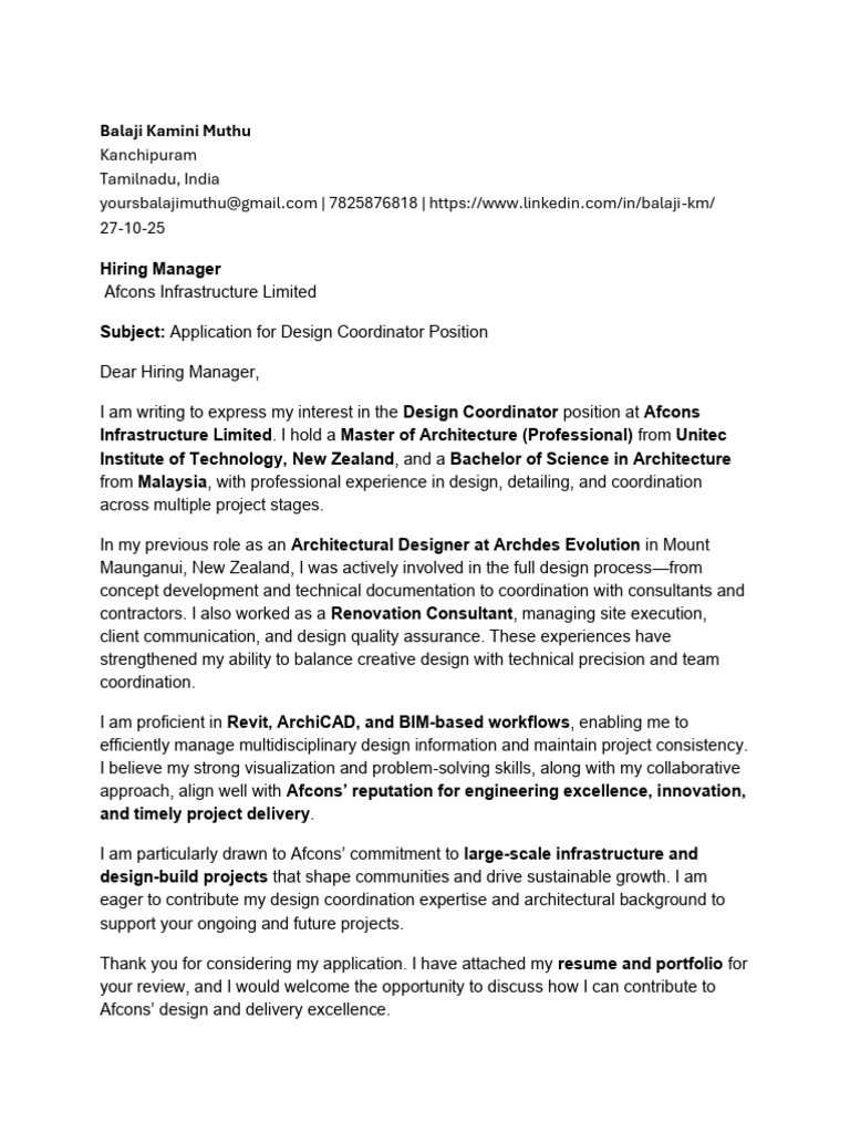2025 Muthu Balaji Cover Letter Architect Foncons | PDF