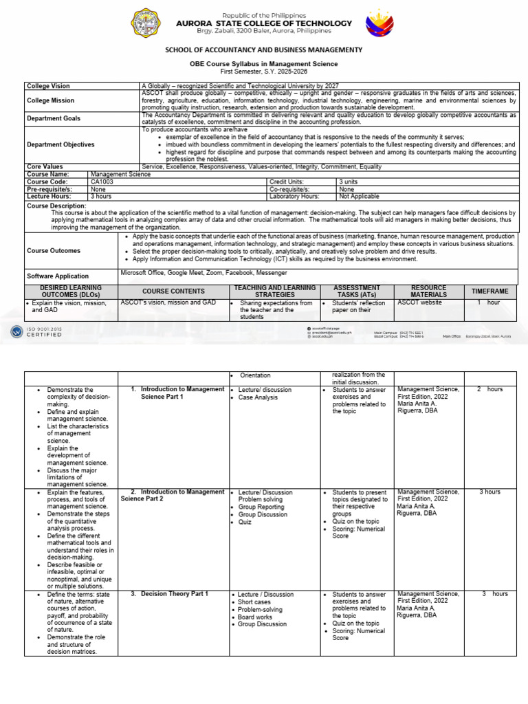 Management Science Course Syllabus | PDF | Linear Programming | Forecasting
