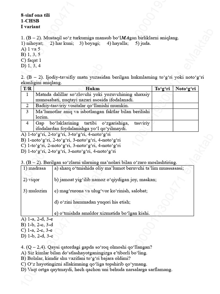 8-Sinf Ona Tili 1-CHSB 1-Variant | PDF