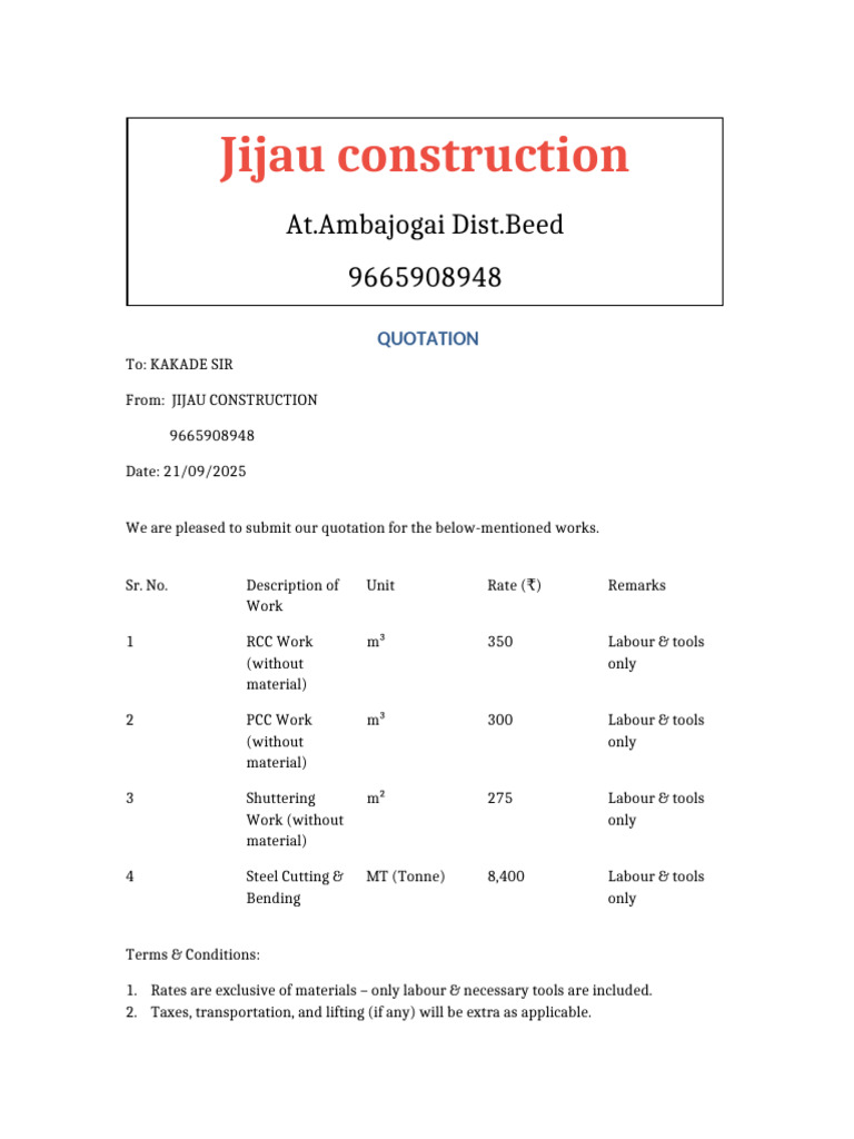 Jijau Construction Quotation for RCC & PCC Work | PDF
