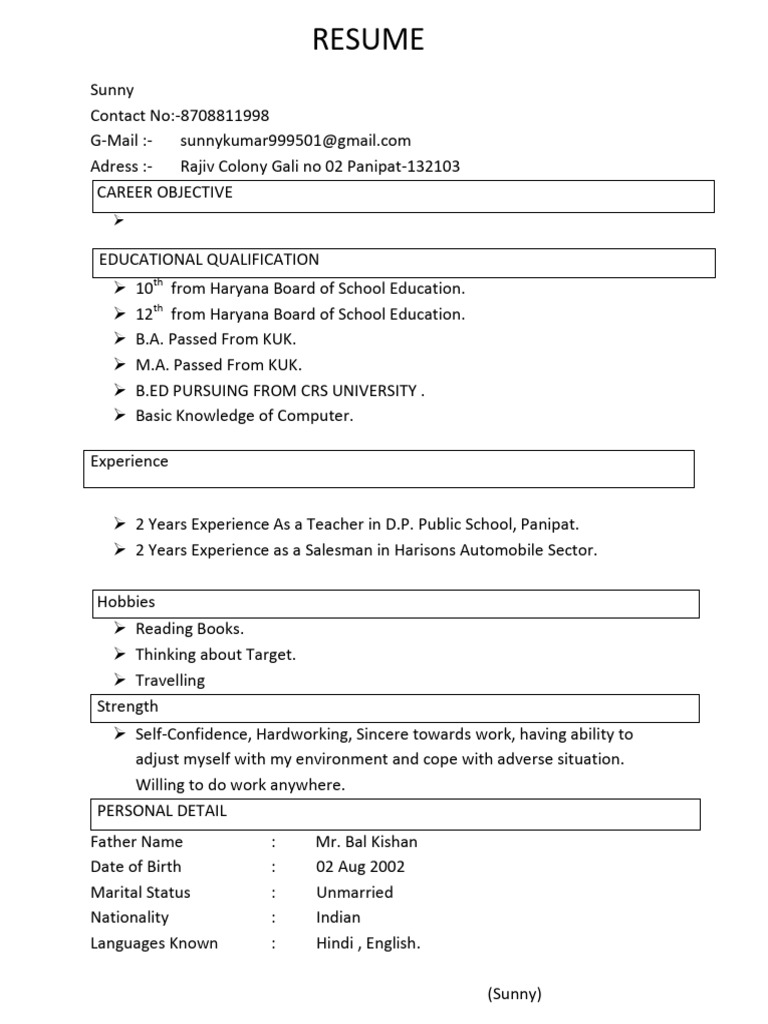 Teacher and Salesman Resume of Sunny | PDF