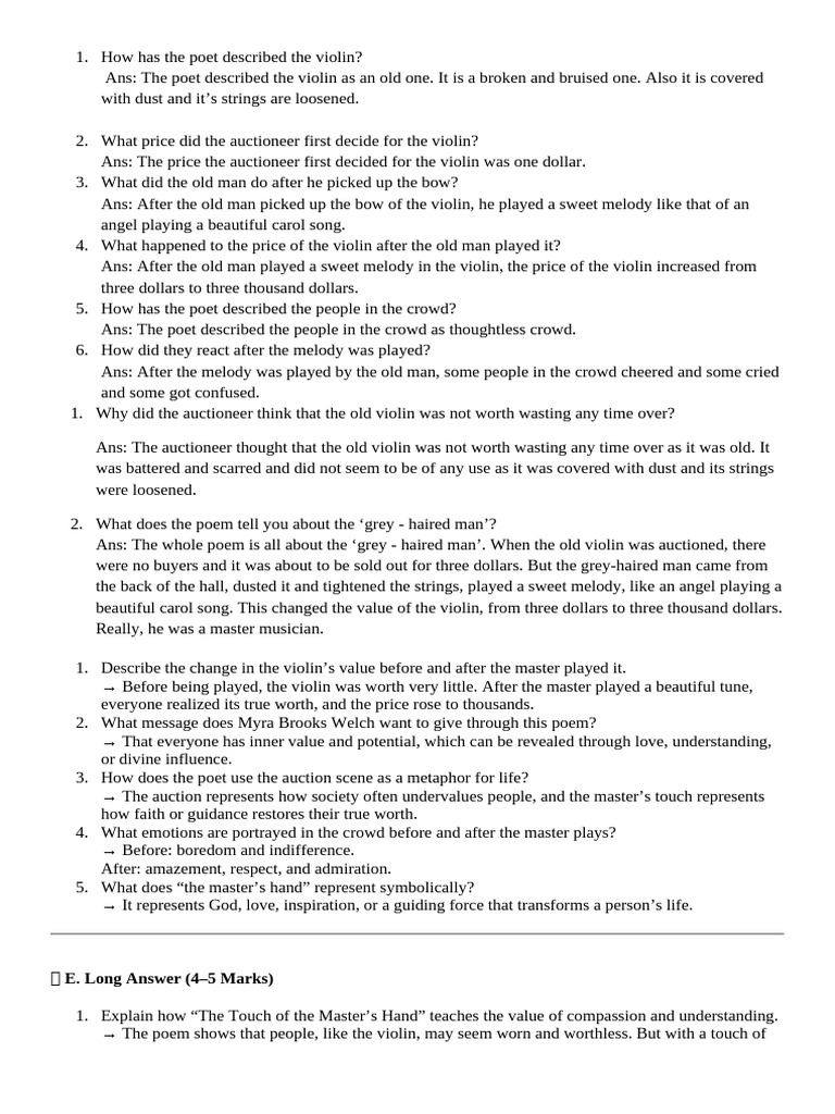 The Touch of A Master's Hand Question Bank | PDF | Love | Violin