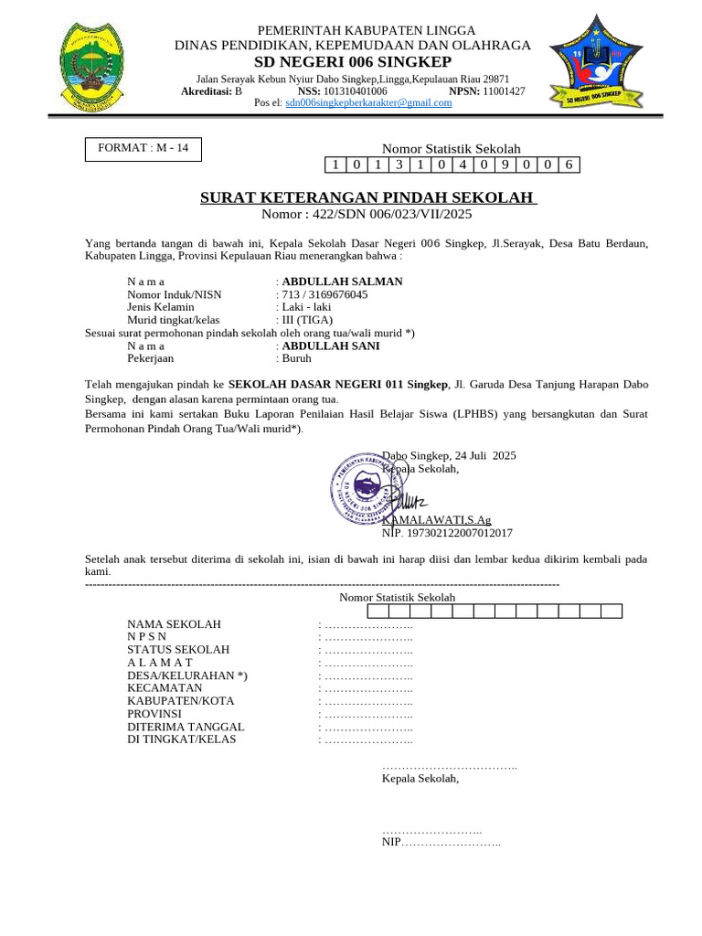Surat Pindah Sekolah Abdullah Salman | PDF