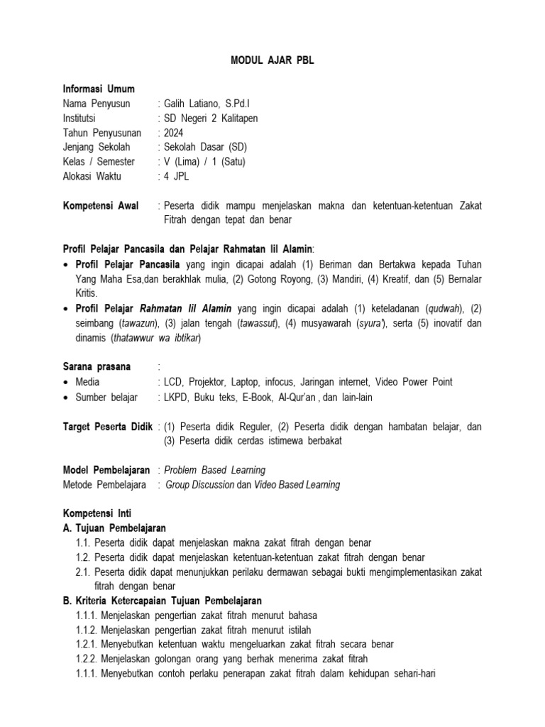 Modul PBL Zakat Fitrah SD Kelas V | PDF