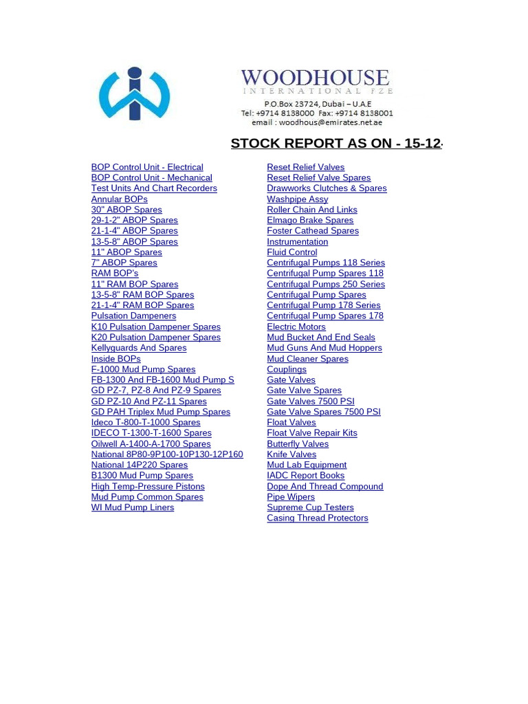 Stock Report for BOP Equipment 2021 | PDF | Pump | Valve