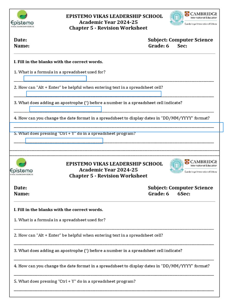 Computer Science Revision Worksheet 6th Grade | PDF | Spreadsheet ...