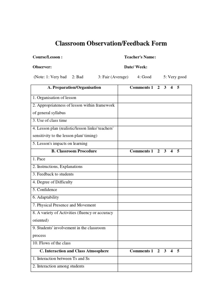 Classroom Observation Form. Updated 10 | PDF | Teachers | Lesson Plan