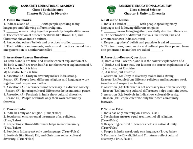 Unity in Diversity Worksheet Spaced Class6 | PDF | Festival