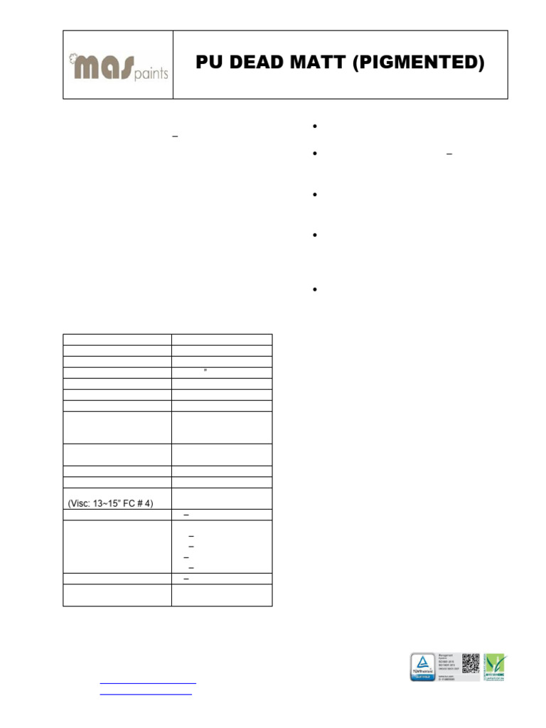Pu Dead Matt Pigmented Datasheet | PDF | Coating | Materials