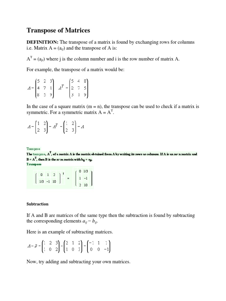 Transpose of Matrices | PDF