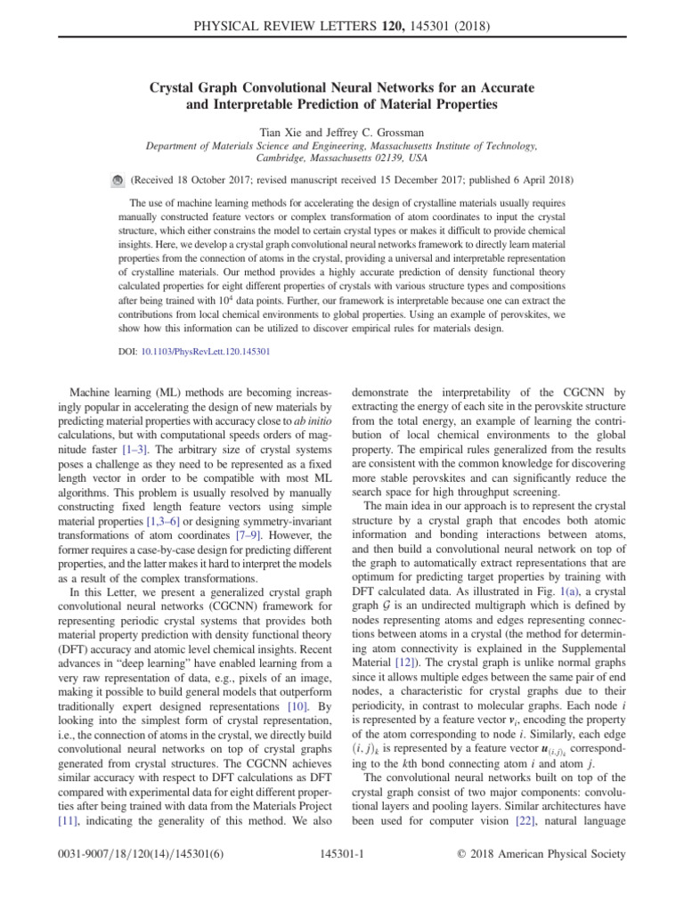 Crystal Graph Convolutional Neural Networks For An Accurate | PDF | Density Functional Theory ...