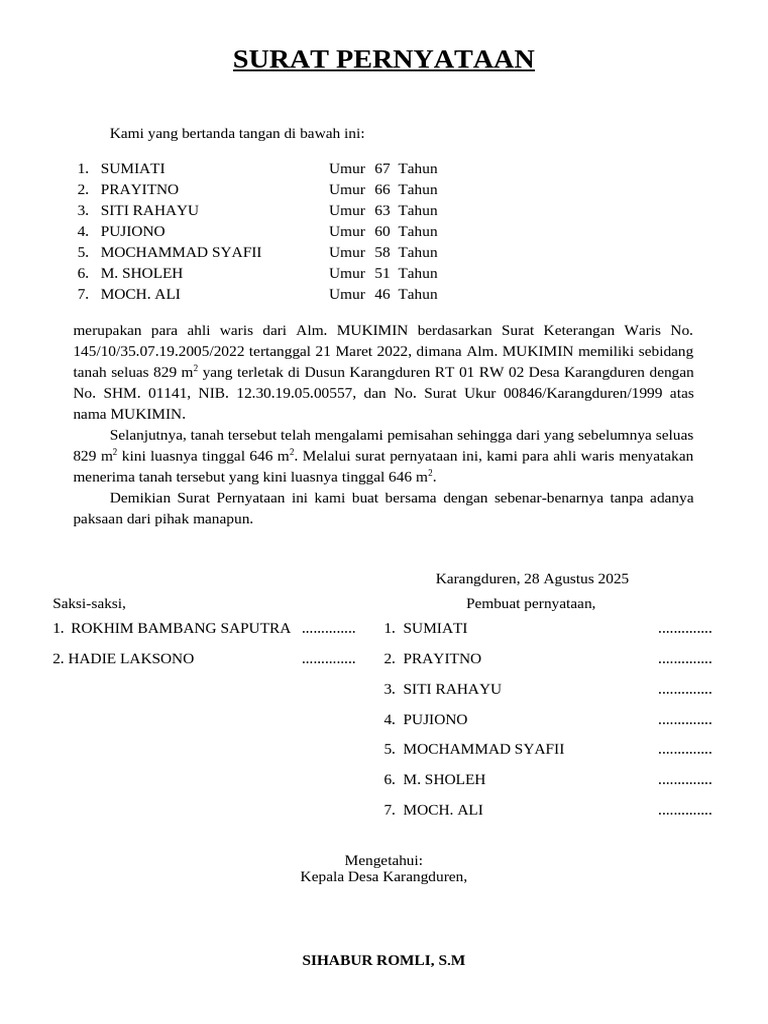Surat Pernyataan Ahli Waris dan Pernikahan | PDF