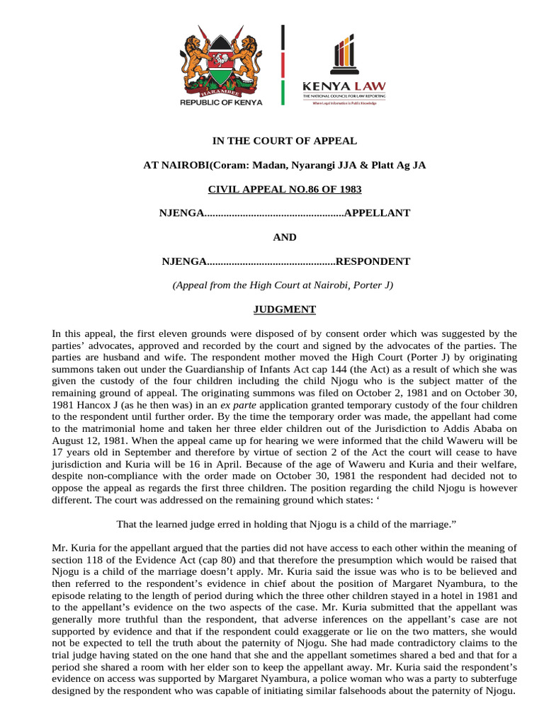 Njenga V Njenga 1985KECA43 (KLR) | PDF | Burden Of Proof (Law) | Marriage