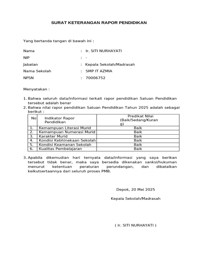 Rapor Pendidikan SMP IT Azmia 2025 | PDF