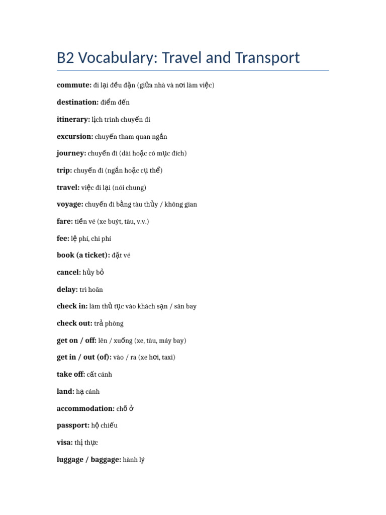 B2 Travel and Transport Vocabulary | PDF