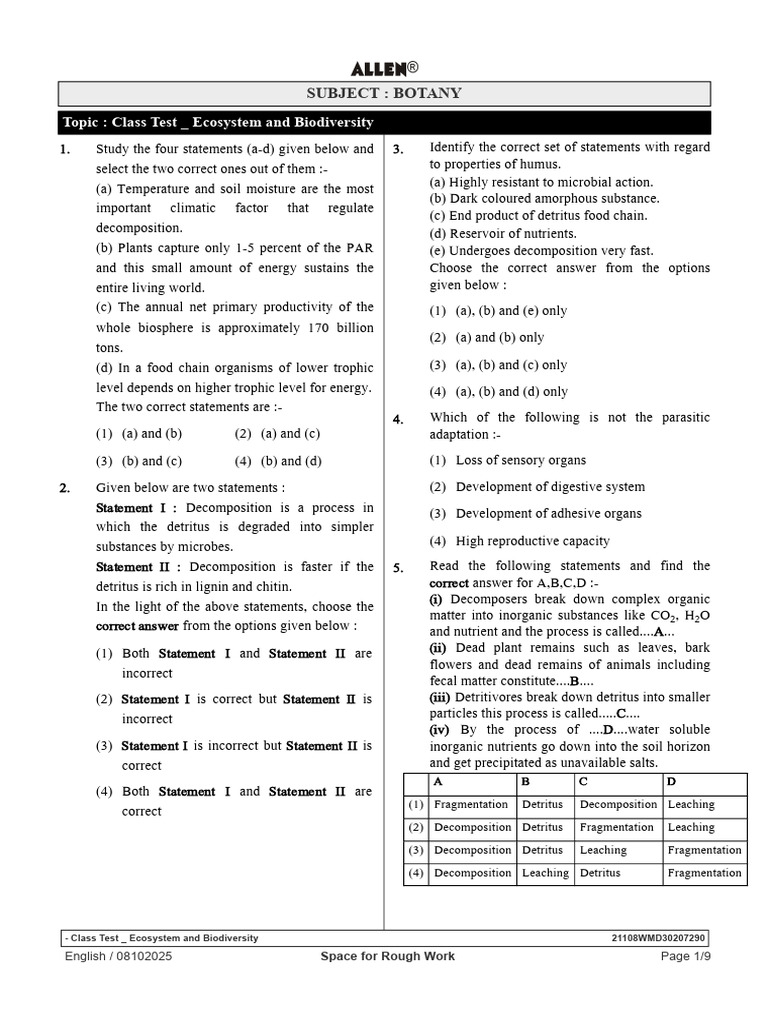 0810_Class Test _ Ecosystem and Biodiversity_21108WMD30207290_BOT | PDF ...