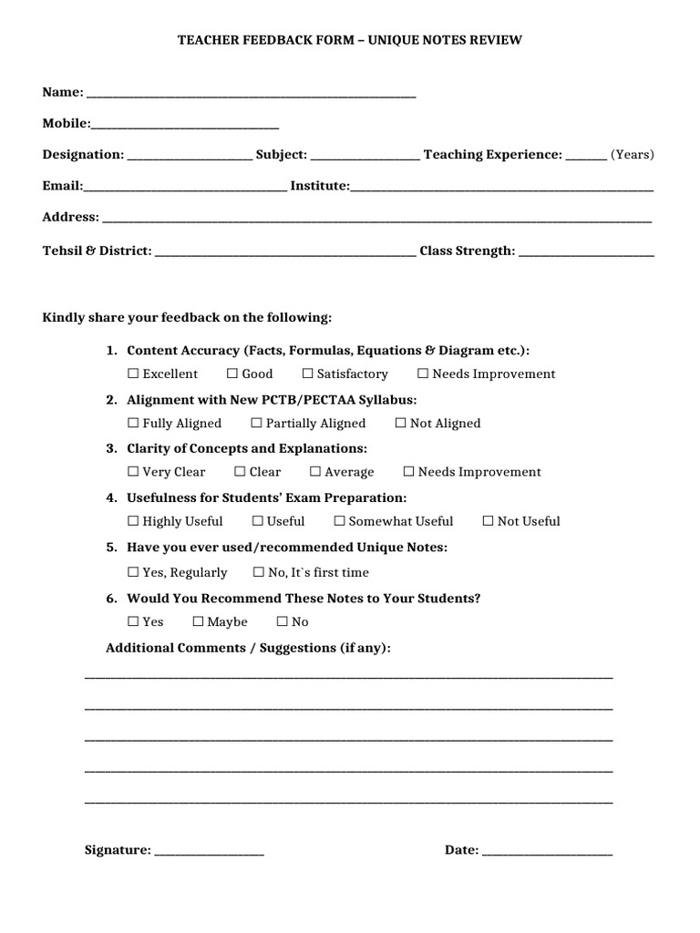 Teacher Feedback Form for Unique Notes | PDF