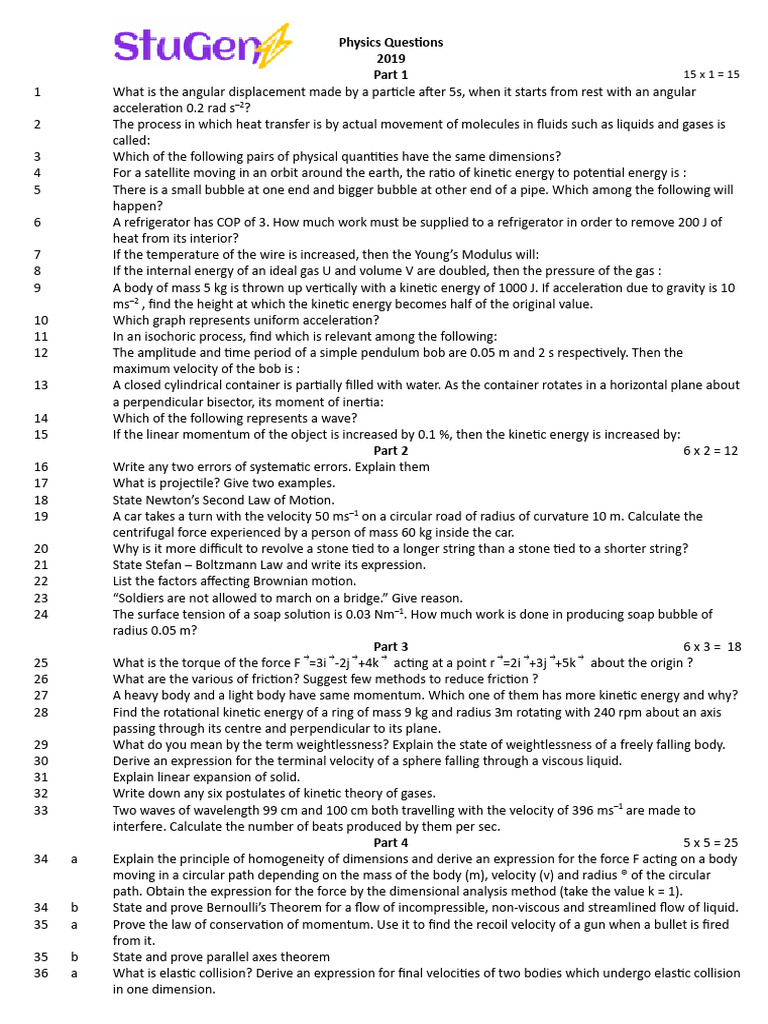 Physics Questions PYQ - SV - Stugenz | PDF | Force | Velocity