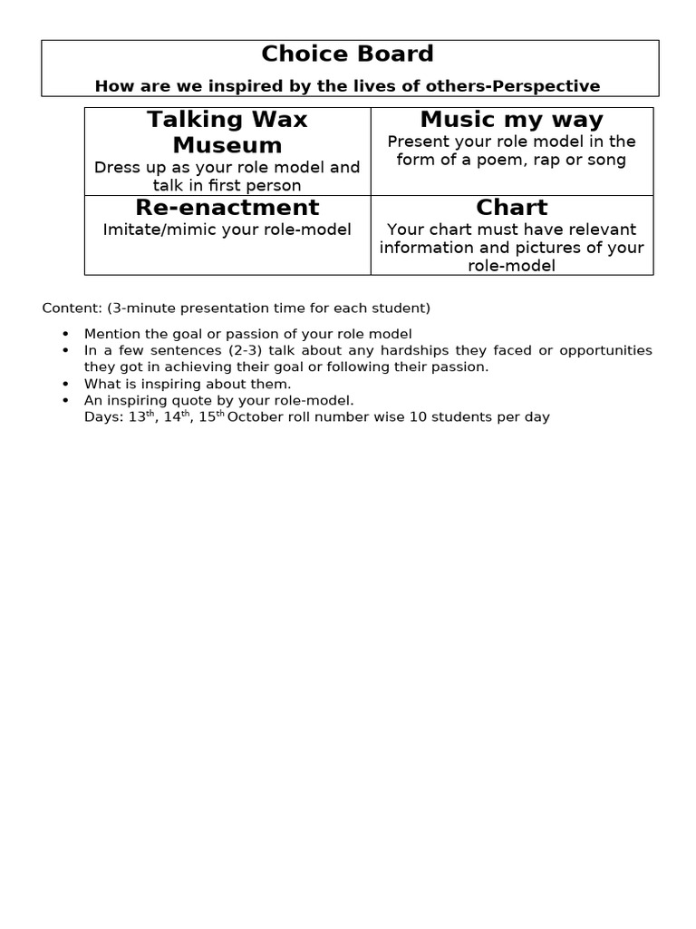 Choice Board Role Models | PDF
