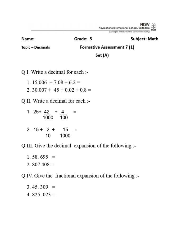 Math (2021-22) - Decimals (Set A) - Formative Assessment - 7 (1) | PDF