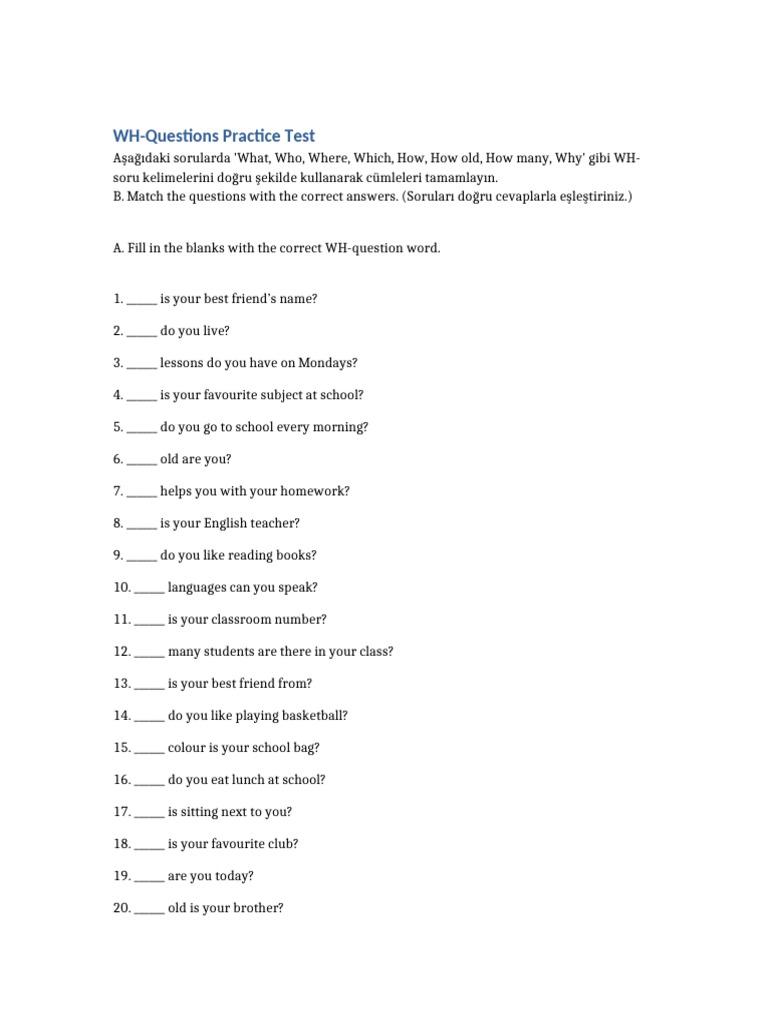 WH-Questions Practice Test Guide | PDF