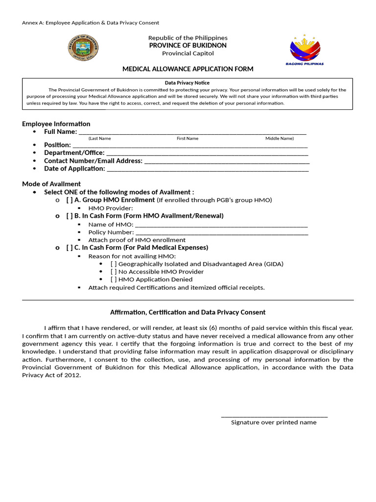 Bukidnon Medical Allowance Application Form | PDF