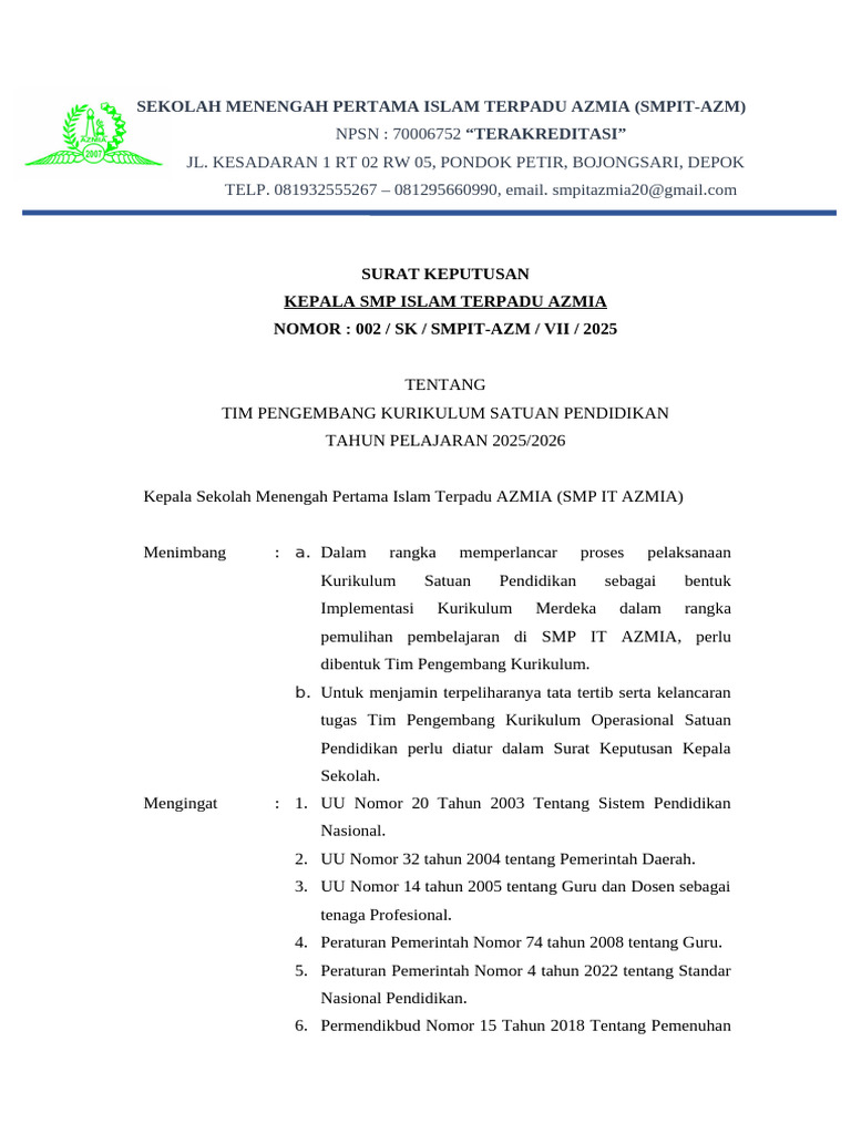 Pembentukan Tim Kurikulum SMPIT Azmia 2025 | PDF
