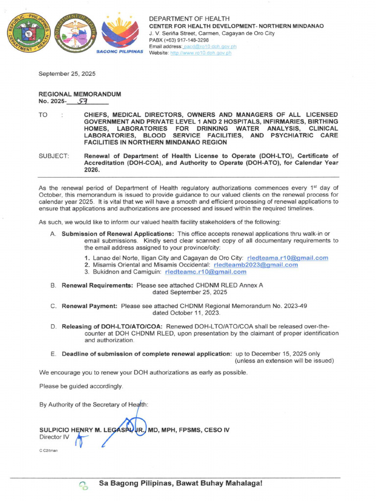 2026 Doh Lto Coa Ato Renewal Memo | PDF
