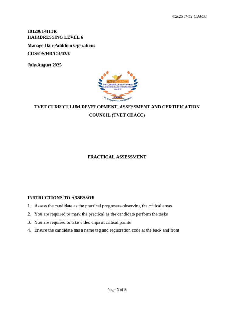 Hair Addition Operations Assessment Guide | PDF | Waste | Vocational ...