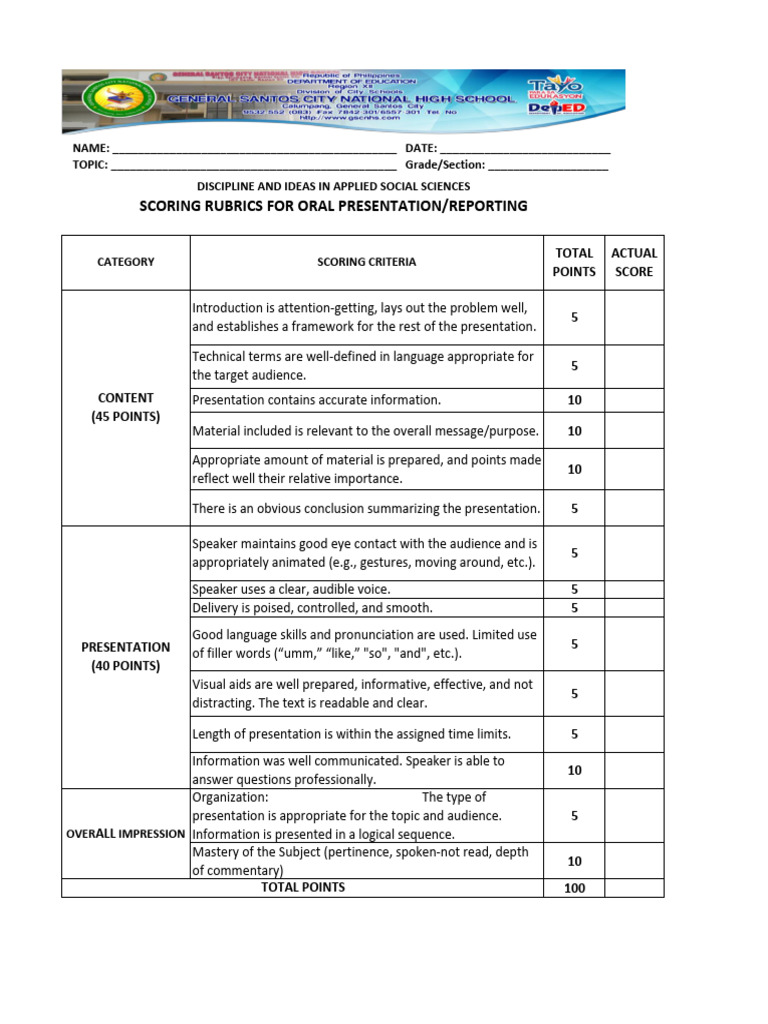 Scoring Rubric for Oral Presentations | PDF | Cognition | Learning